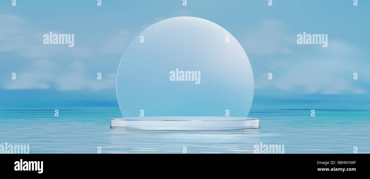 Glass podium display on water with transparent circular platform ...