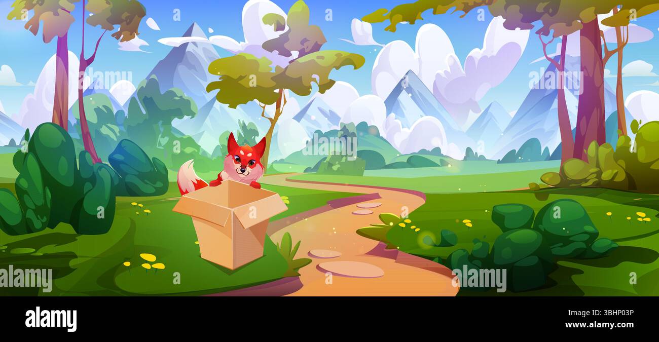Forest scene with curious fox looking inside open cardboard box on ...