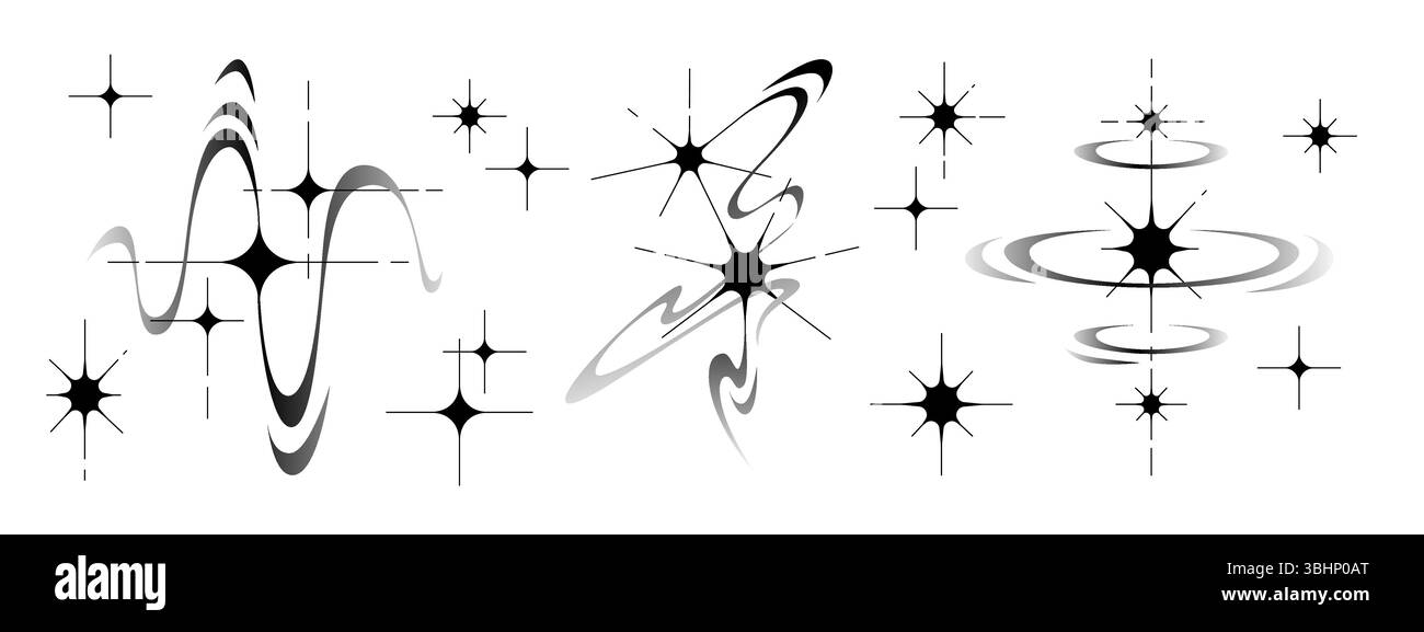 Y2K star tattoo line art collection with cosmic swirls, orbital rings ...