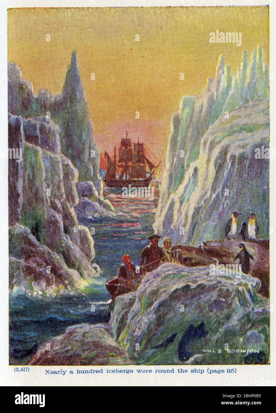 Captain Cook's ship surrounded by icebergs on his expedition to ...