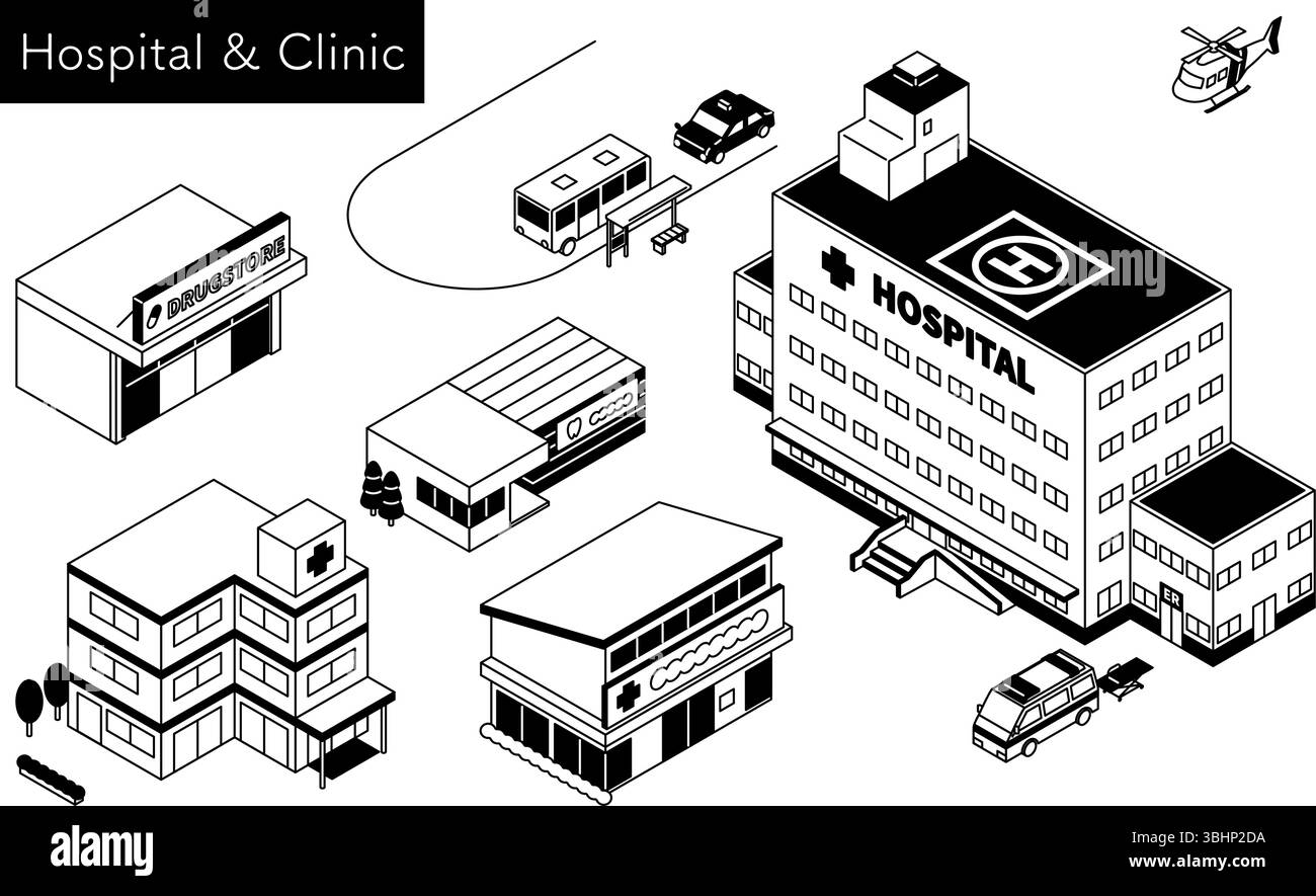 Isometric line art illustration set of medical facilities including a ...