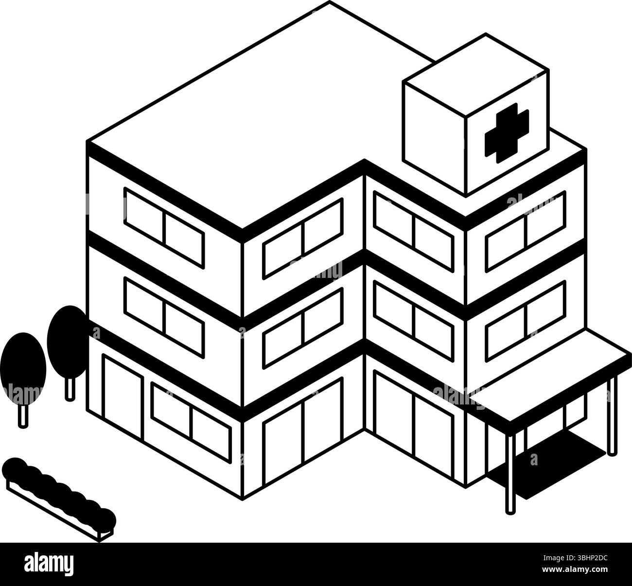Isometric line art illustration of a simple hospital building with ...