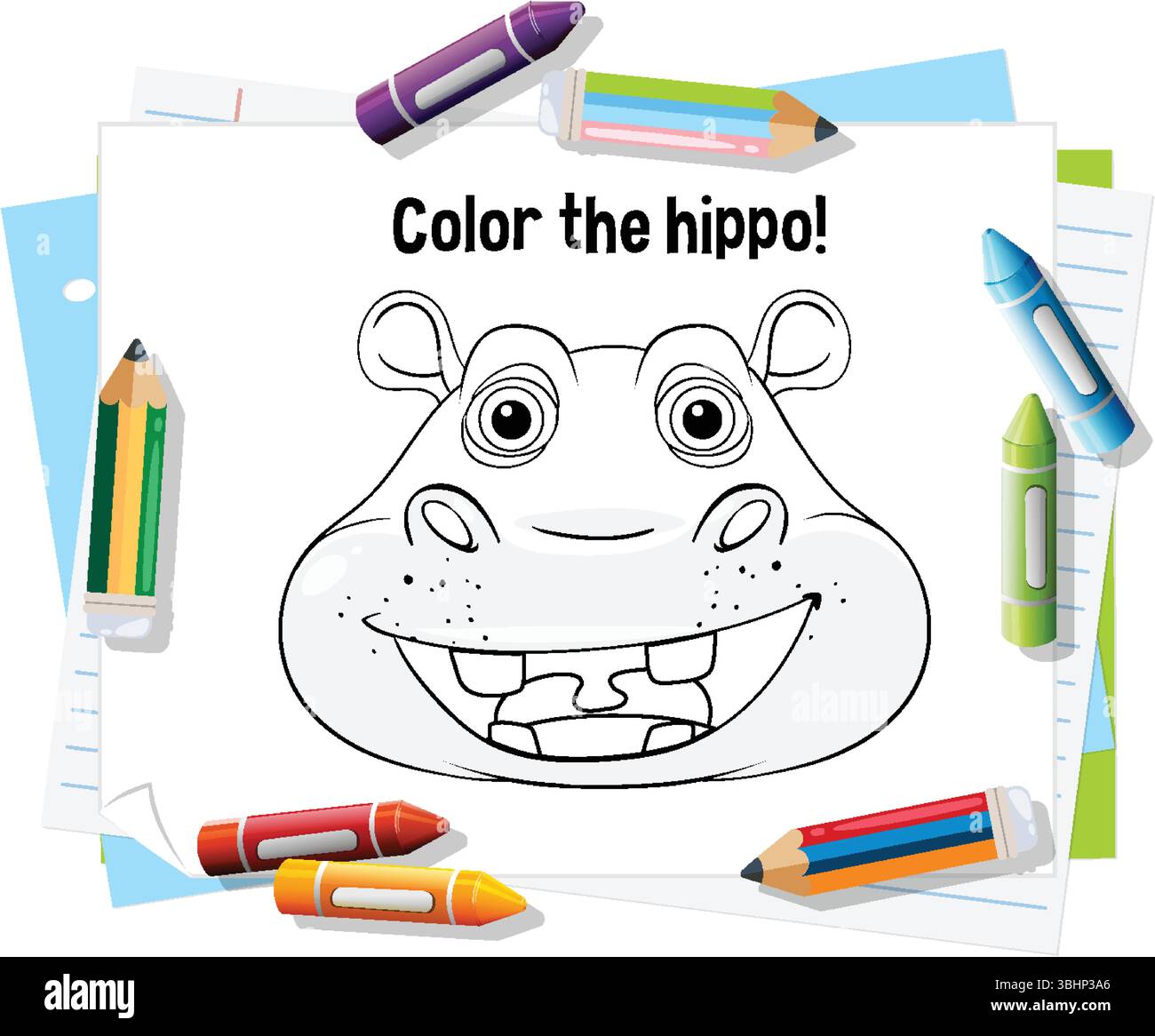 Fun hippo coloring page with crayons and pencils Stock Vector Image ...