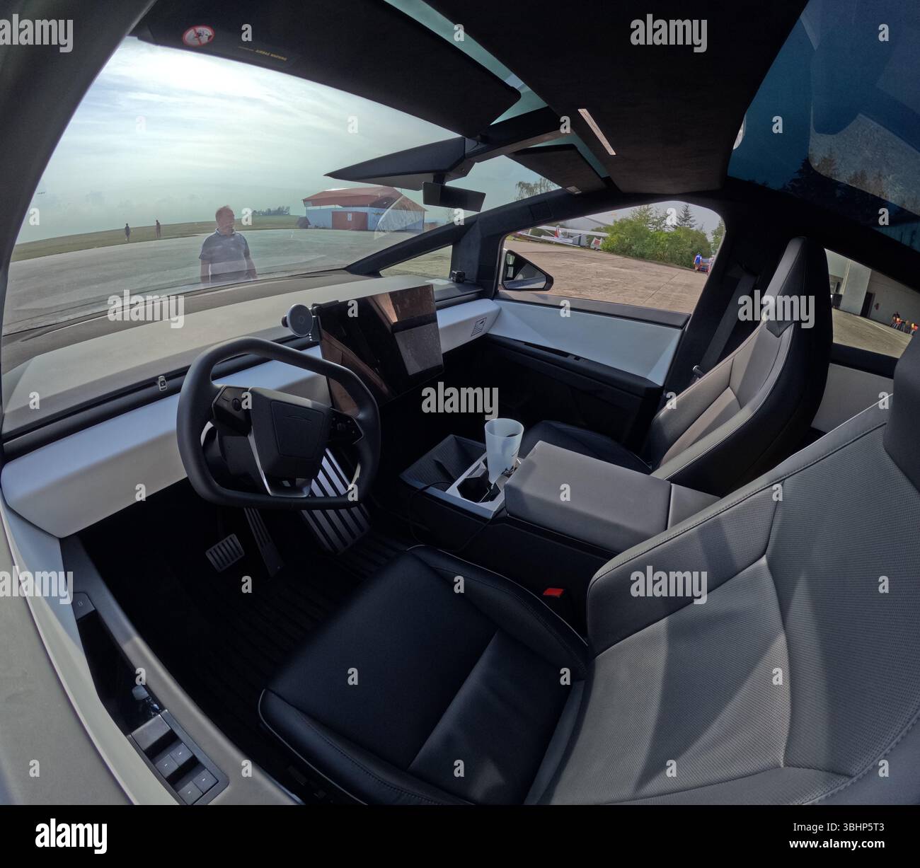 Tesla Cybertruck modern interior design on an airport in Jihlava ...