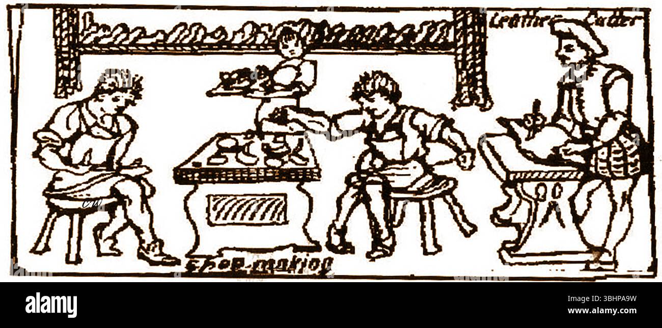 Medieval cobblers making shoes and a leather cutter Stock Photo - Alamy