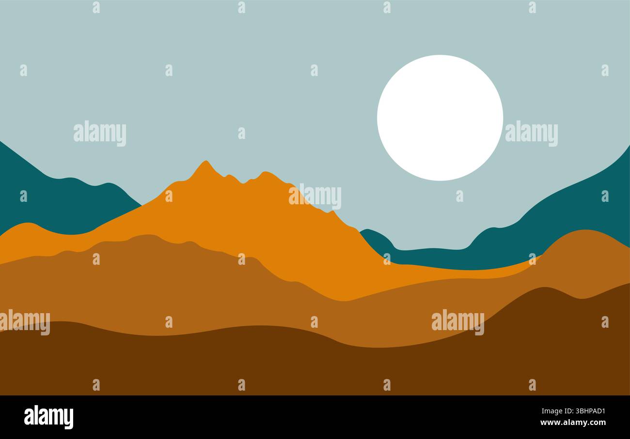 Mountain landscape with moon. Sunset. Mountainous terrain. Hills silhouette vector Stock Vector ...
