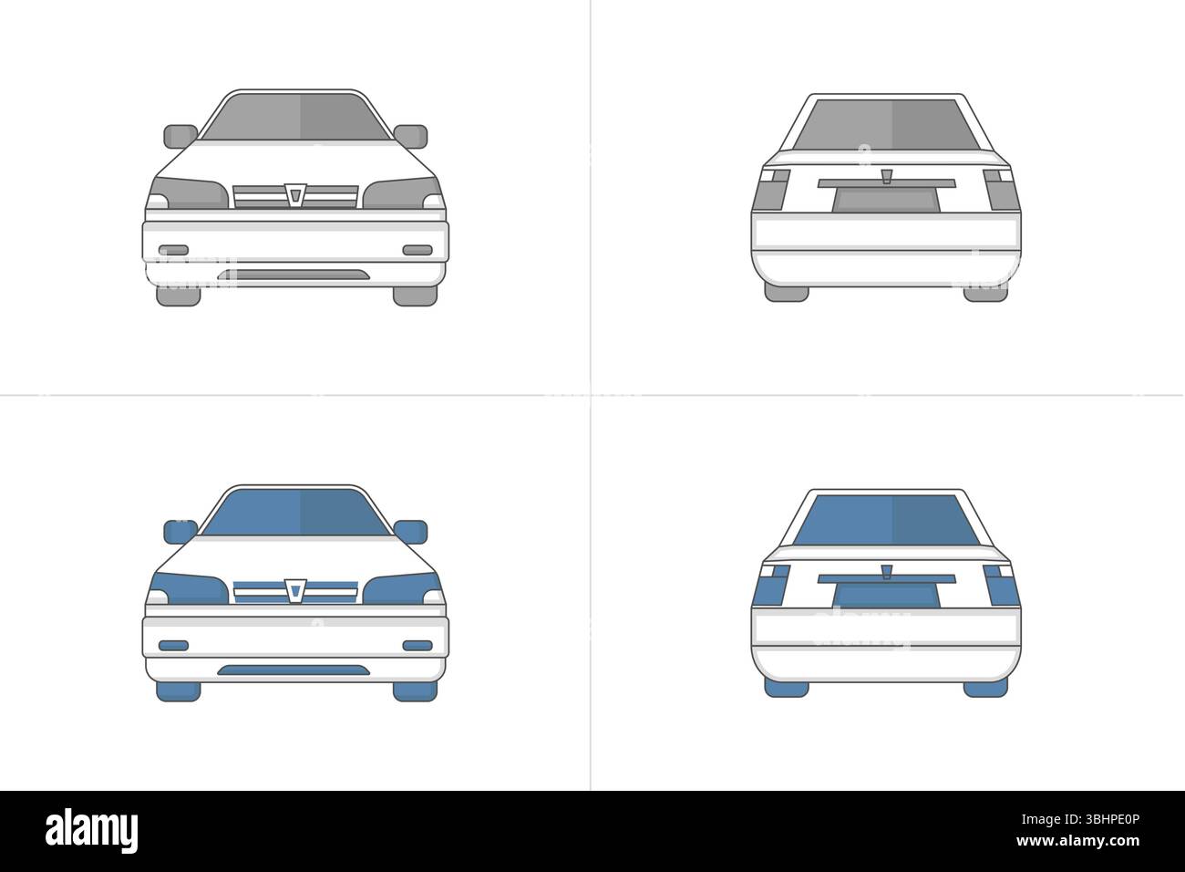 Front and back view of sedan classic car in two version styles, vector ...