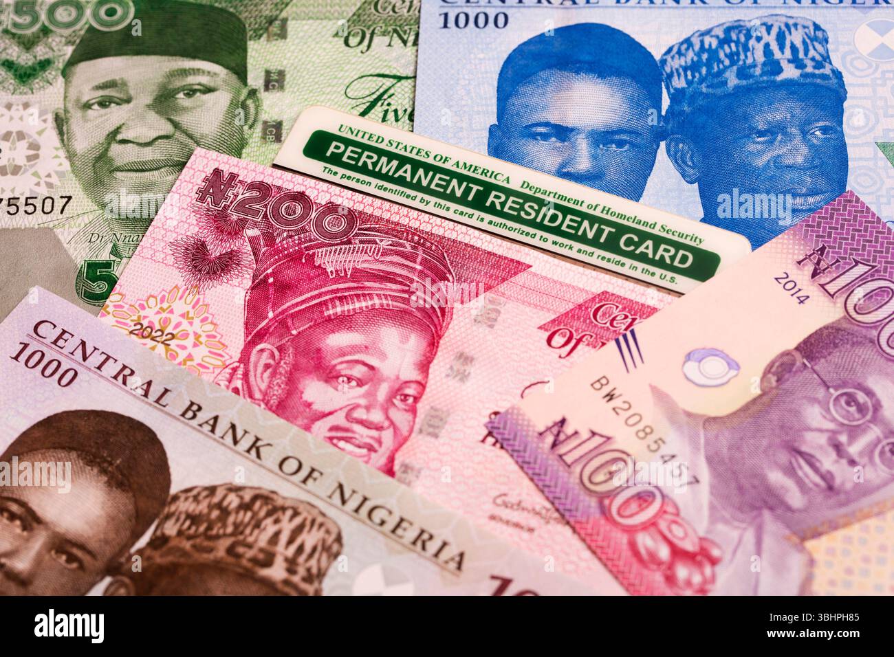 American Permanent Resident Card on Nigerian money - Naira Stock Photo ...