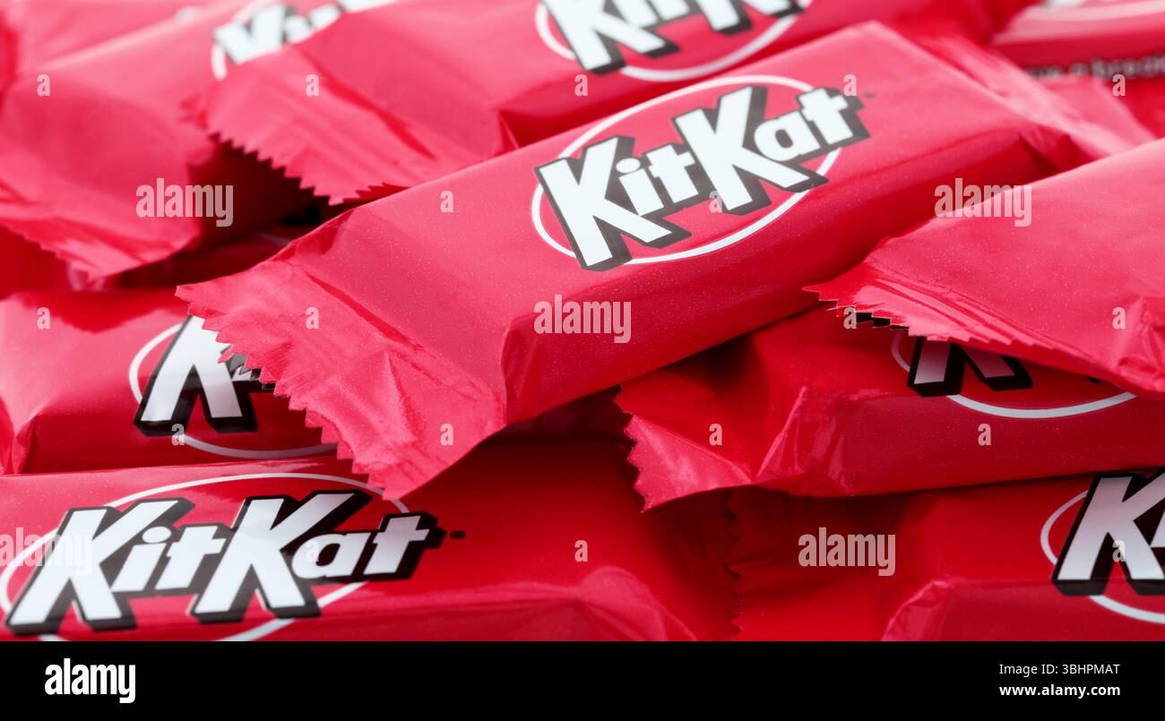 Chocolate bars Kit Kat in a package close-up, food and snacks concept ...