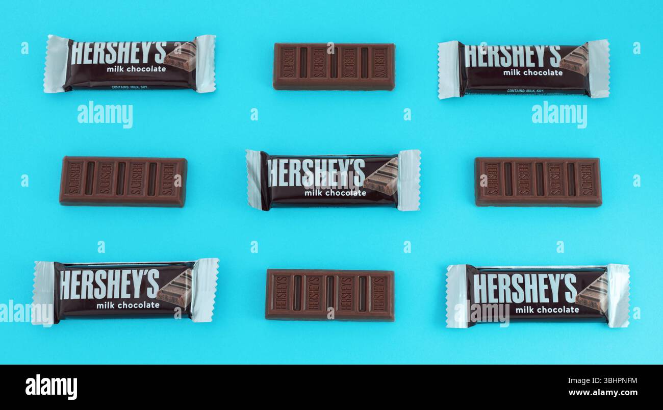 Chocolate bars Hershey's Mockup, on a turquoise background, food and snacks concept. Hershey or ...