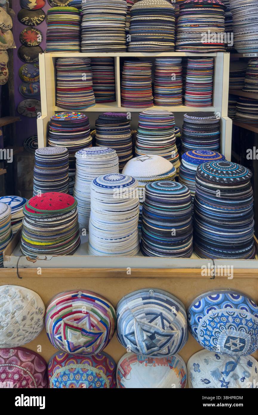 Stack of traditional kippot or yarmulke caps worn by religious Jews for ...