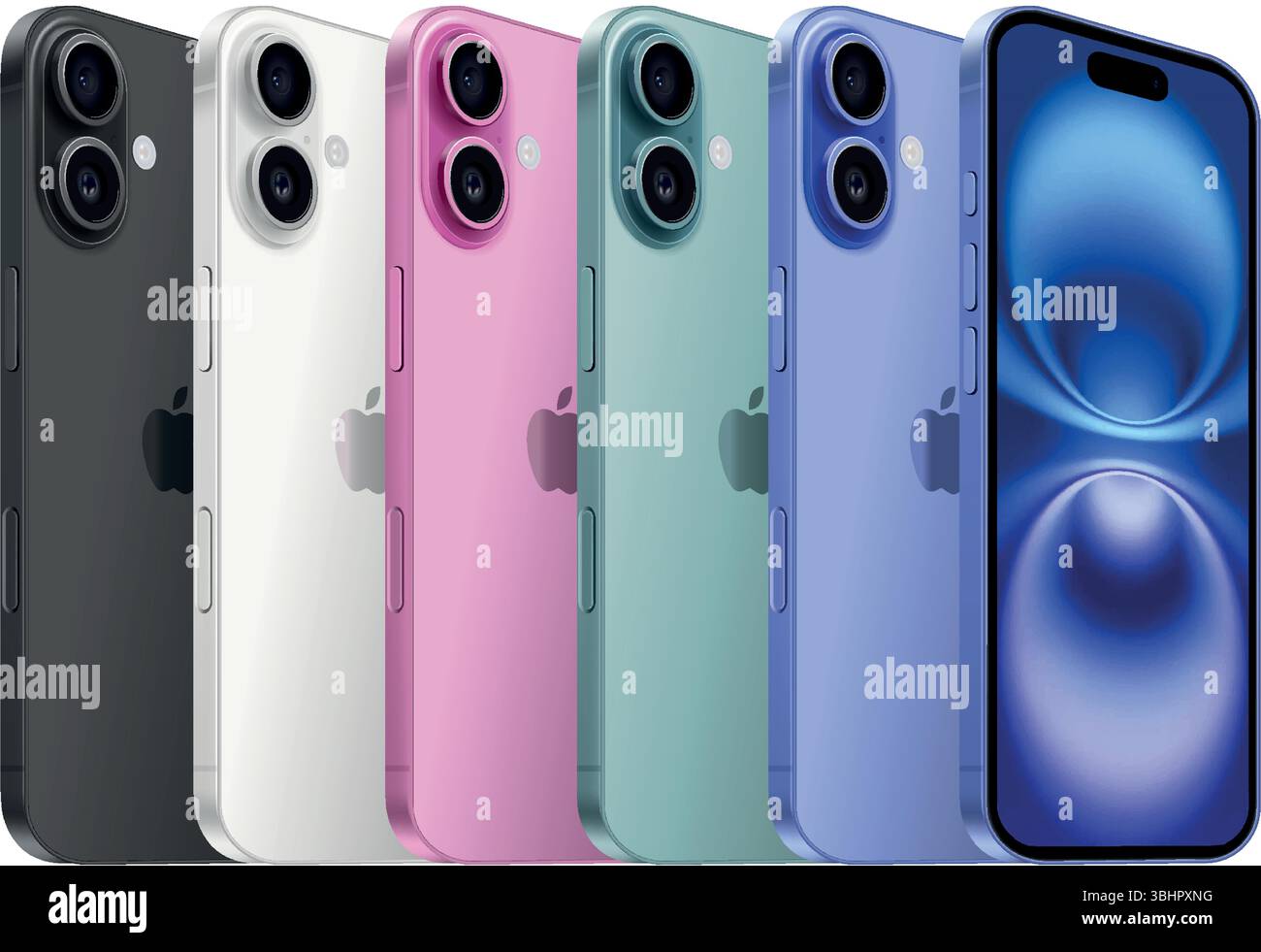 Mock-up of Smart Phone iPhone 16 in official colors, on a transparent ...