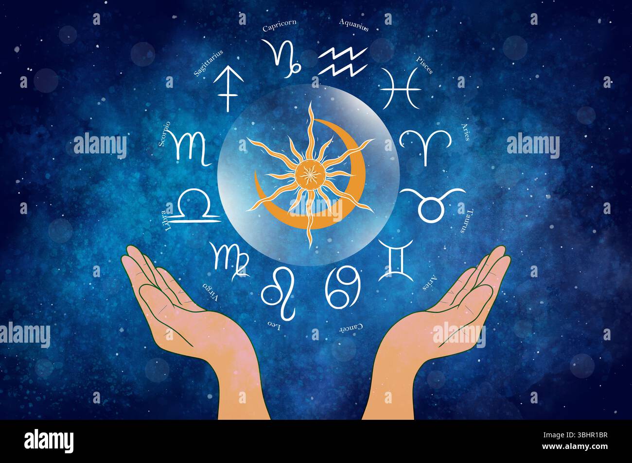 Western astrology circle with 12 zodiac symbols on a beautiful colorful ...
