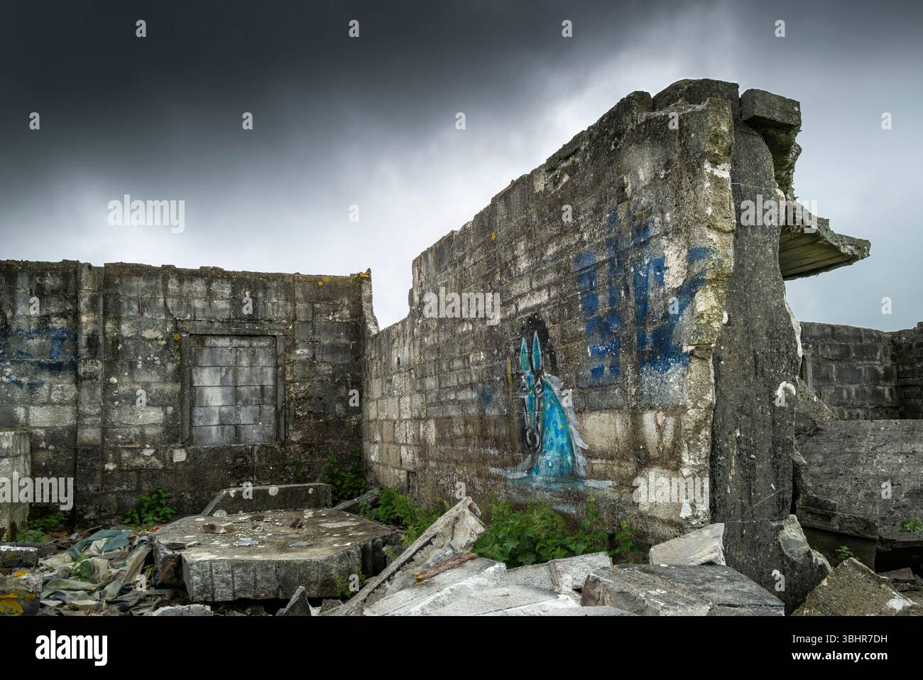 Graffiti on the wall of a ruined building on the disused historic RAF ...