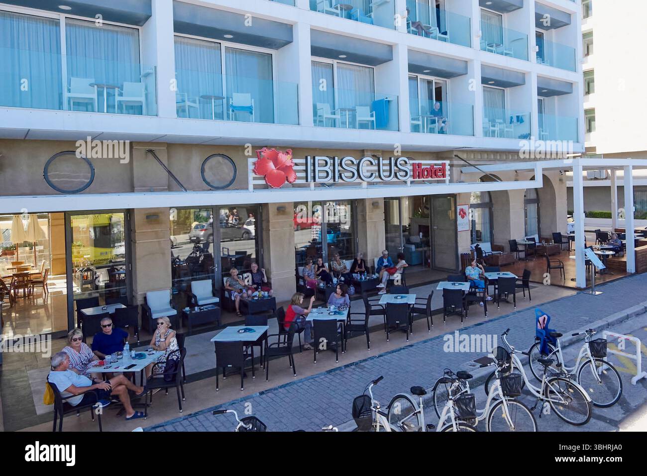 Rodas. Greece - June 11, 2025. The vibrant exterior of the Hibiscus ...