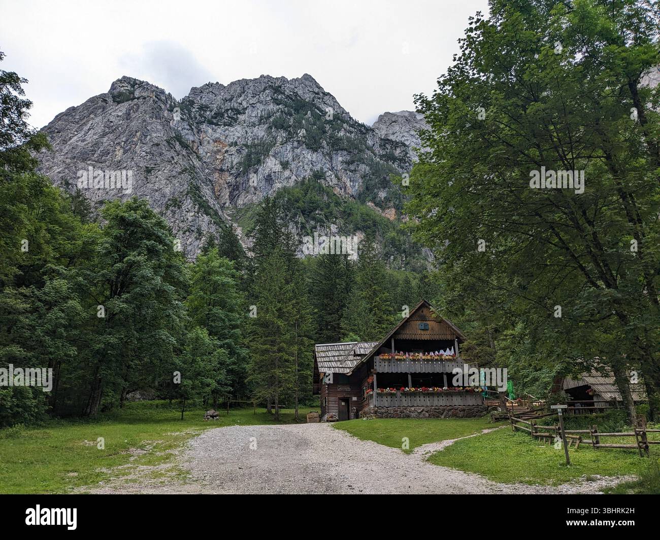 Logar valley in Slovenia with scenic mountains, wooden local huts, and ...