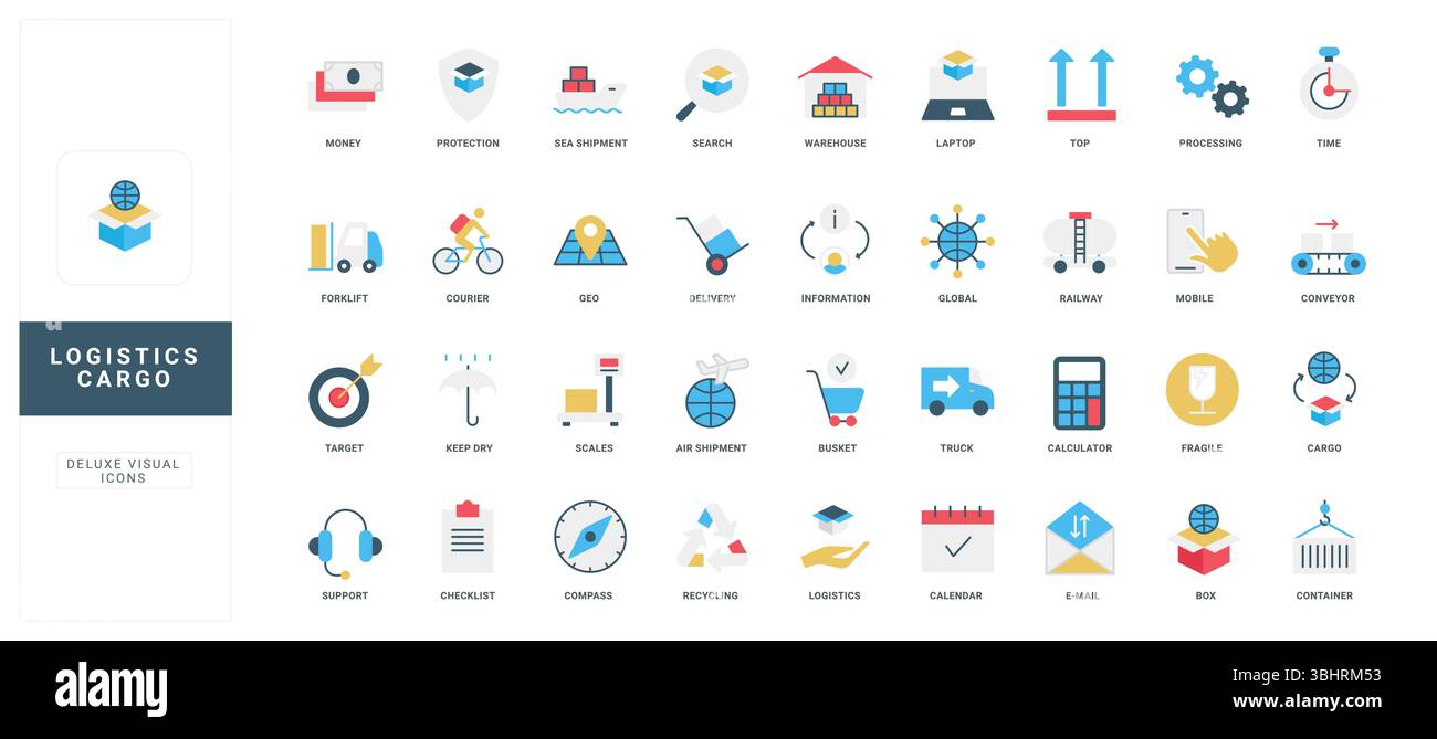 Modern flat style logistics cargo icons for shipping, delivery, warehouse, and transport ...