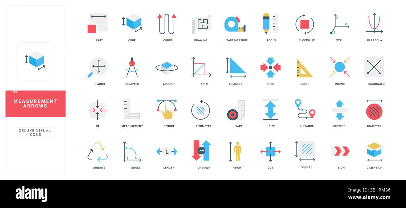 Colorful flat measurement arrows icons with labeled titles for design ...