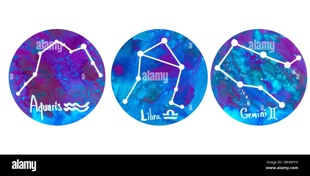 Zodiac watercolor signs of the element of Air: Gemini, Libra, Aquarius ...