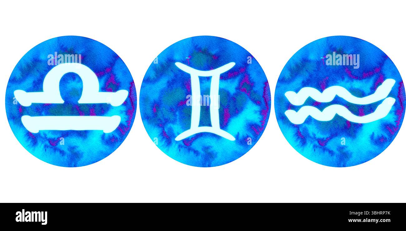 Zodiac watercolor signs of the element of Air: Gemini, Libra, Aquarius ...