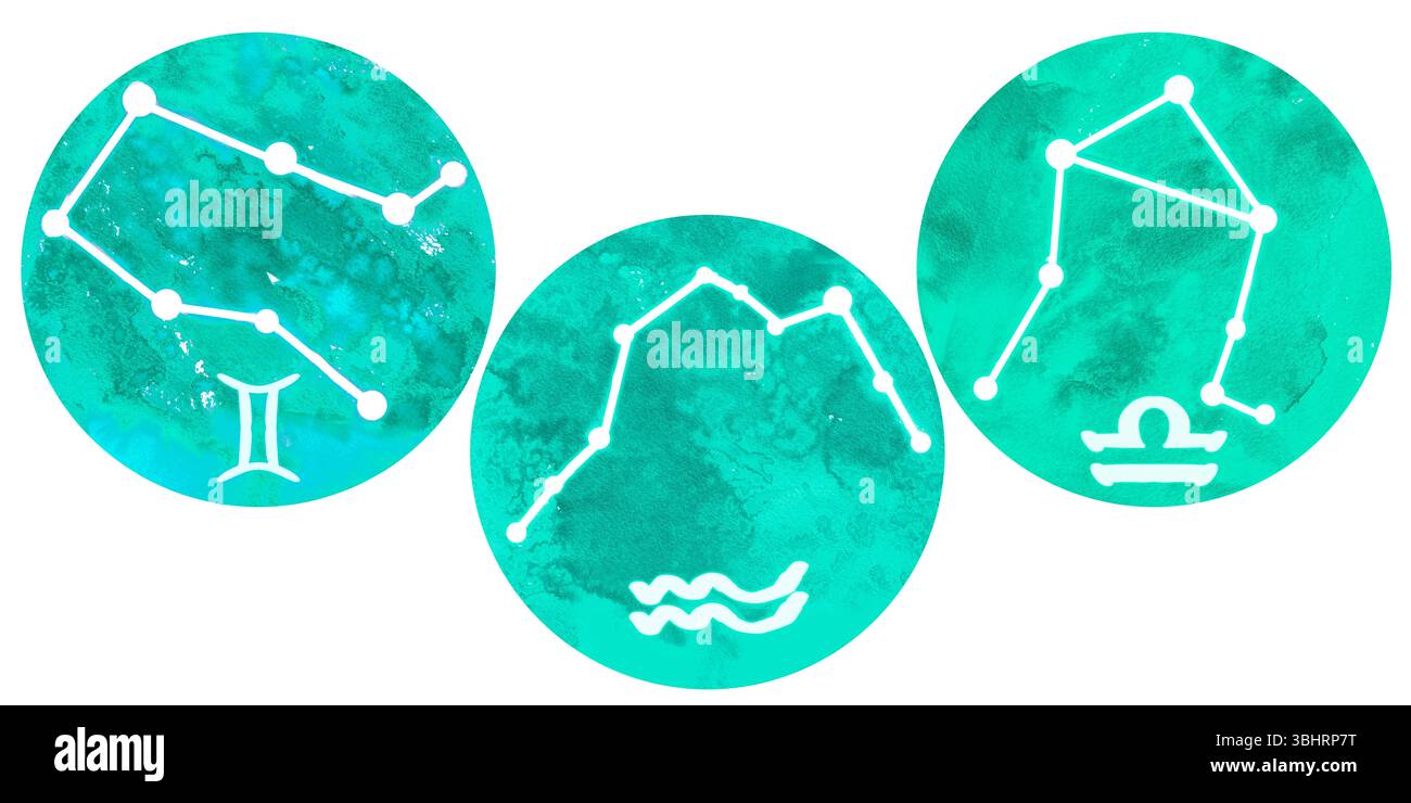Zodiac watercolor signs of the element of Air: Gemini, Libra, Aquarius ...