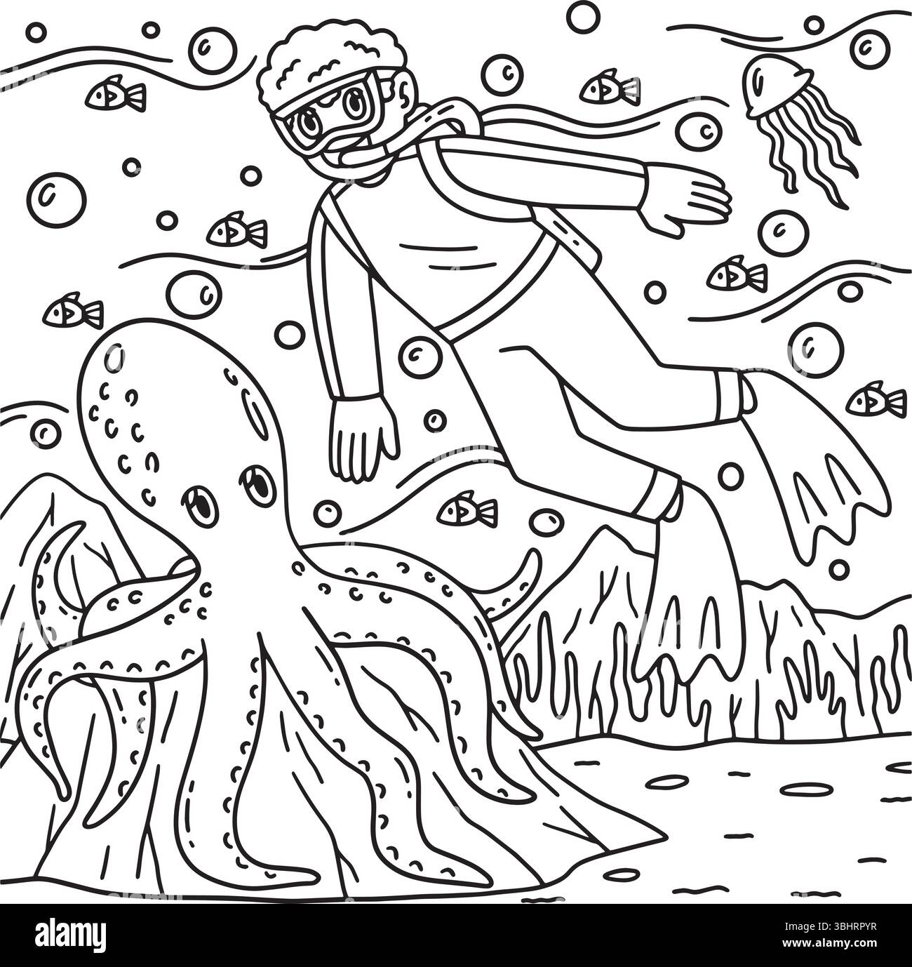 Scuba Diving Male and an Octopus Coloring Page Stock Vector Image & Art ...