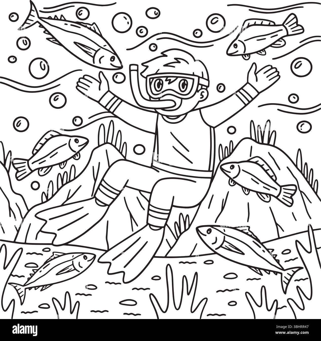 Scuba Diving Male Swimming with Fish Coloring Page Stock Vector Image ...