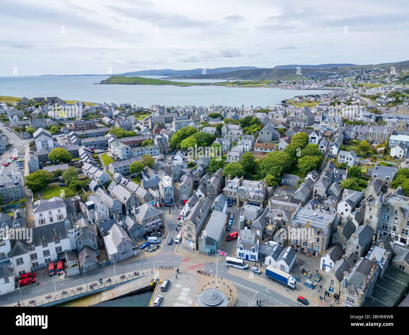 Aerial views over Lerwick, Shetland, on a bright summer day, showing ...