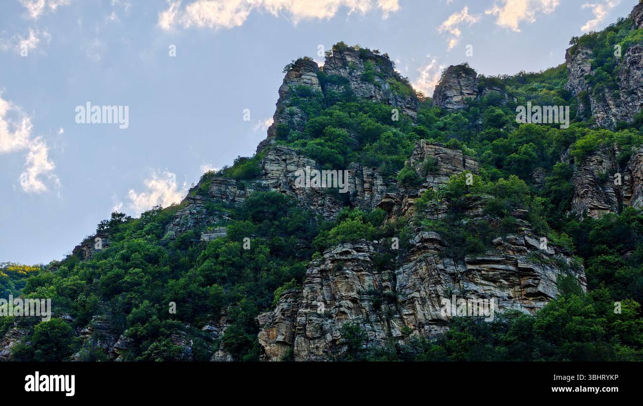 Steep rocky cliffs rise dramatically, covered with dense green ...