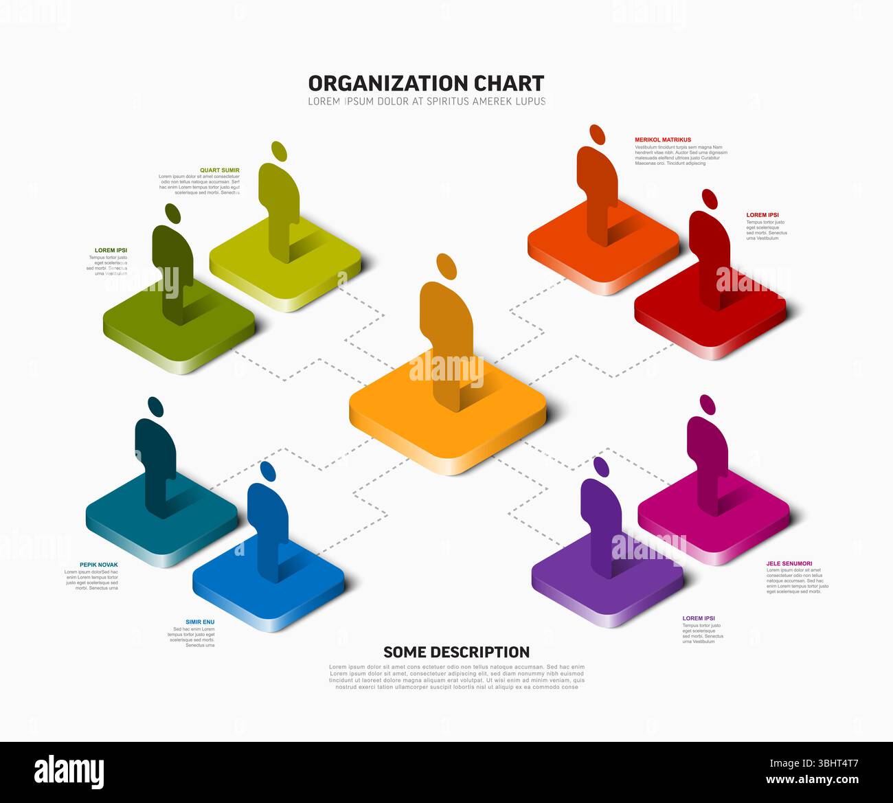 Vibrant 3D isometric organization chart template illustrating a corporate hierarchy structure ...