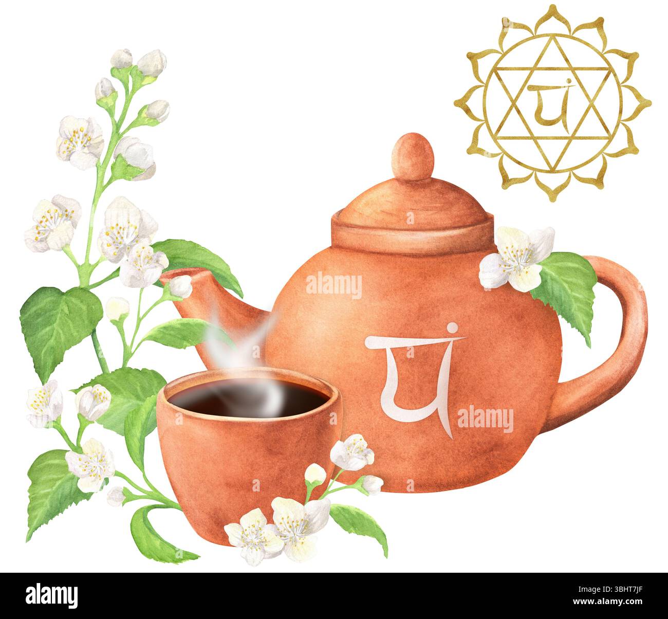 Terracotta clay teapot and a teacup with hot tea and heart chakra ...