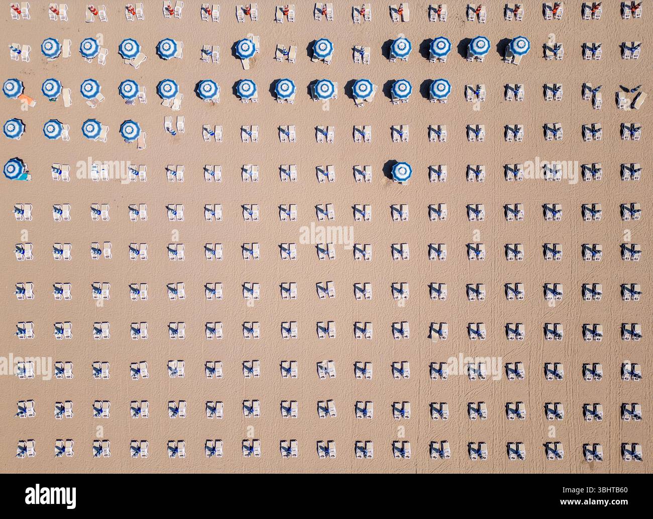 Aerial top-down view of perfectly aligned beach loungers and umbrellas ...