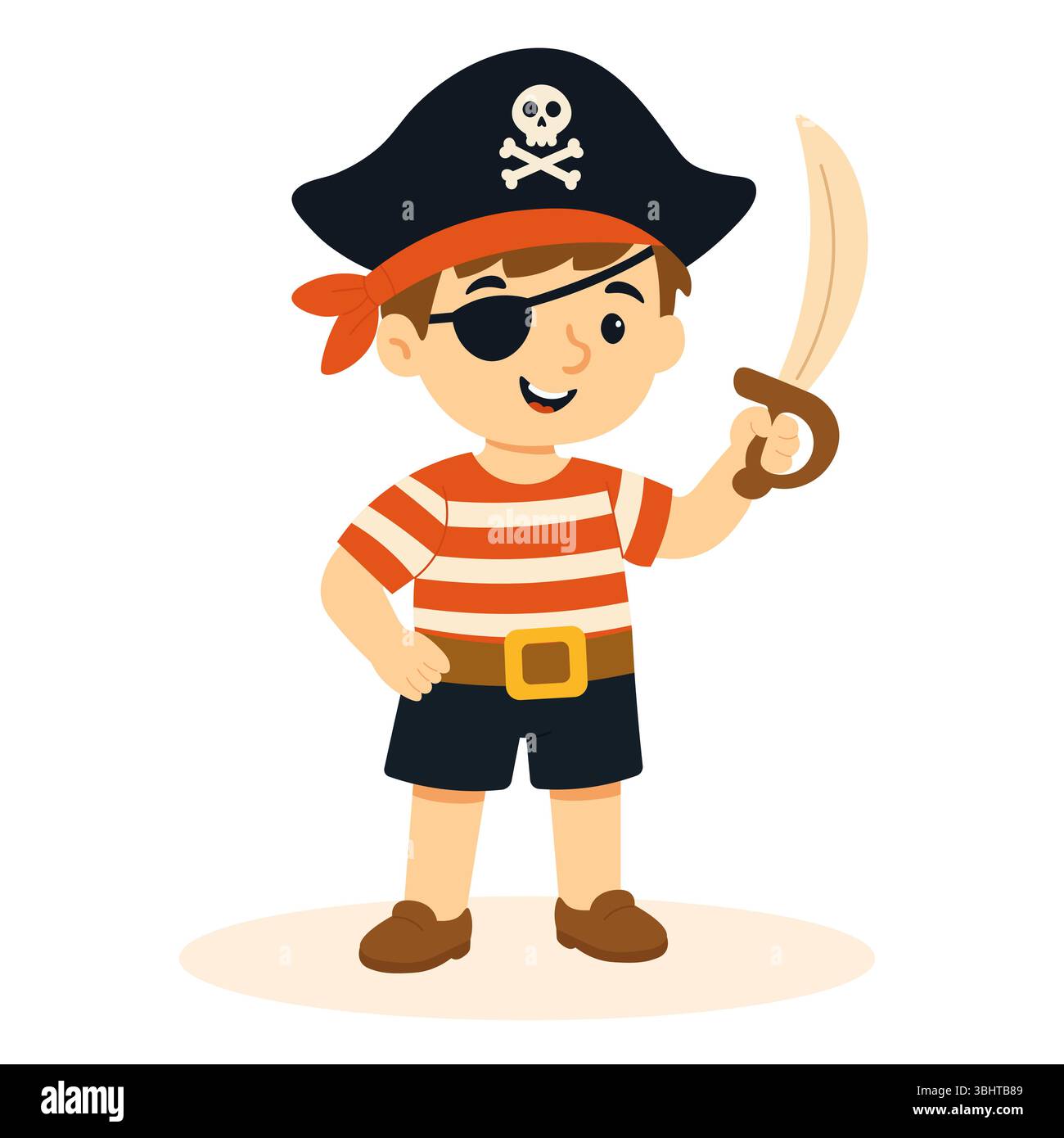 Smiling youngster in pirate outfit brandishing a sword and wearing an ...