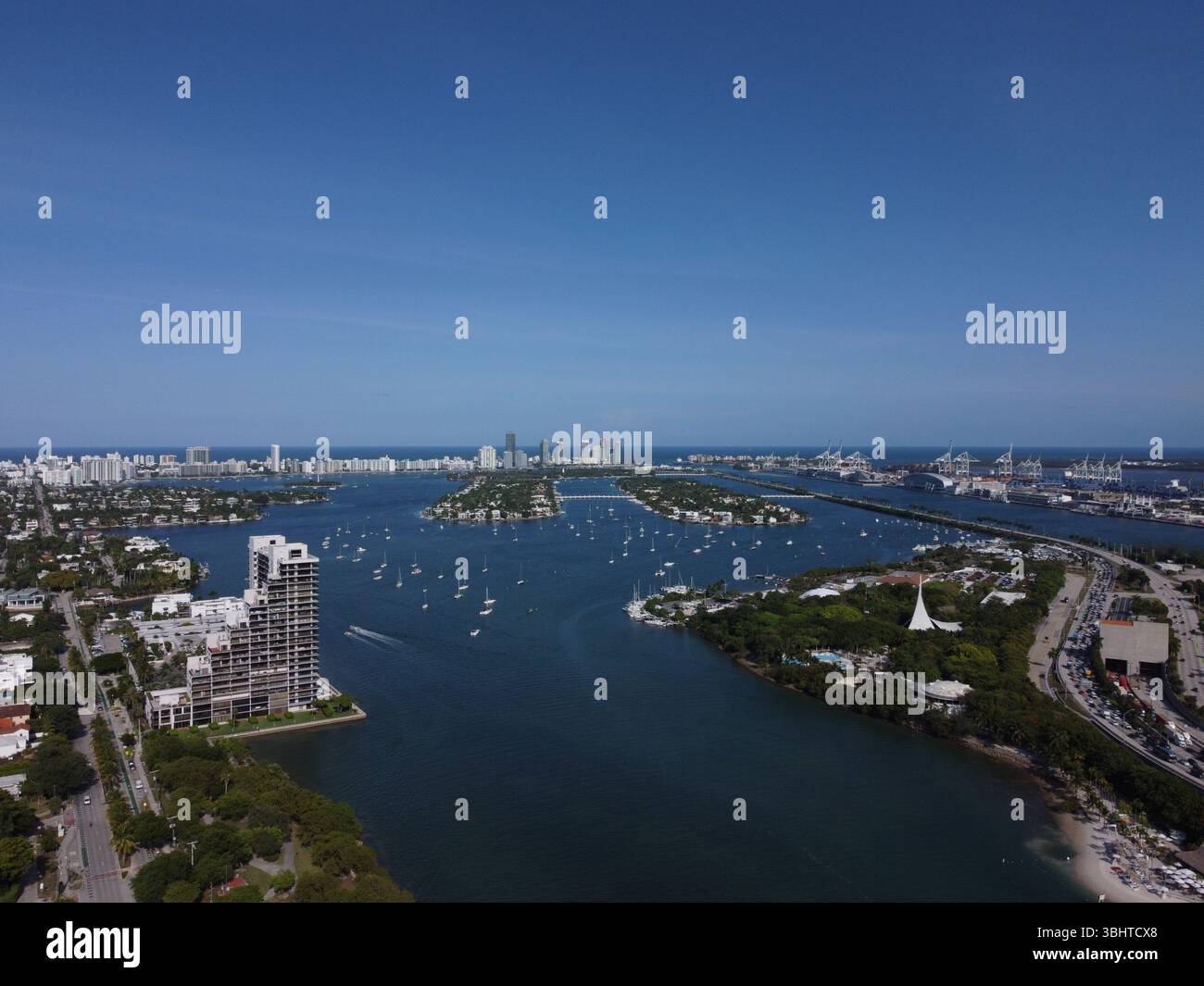 Daytime drone photo of Port of Miami and MacArthur Causeway with ...