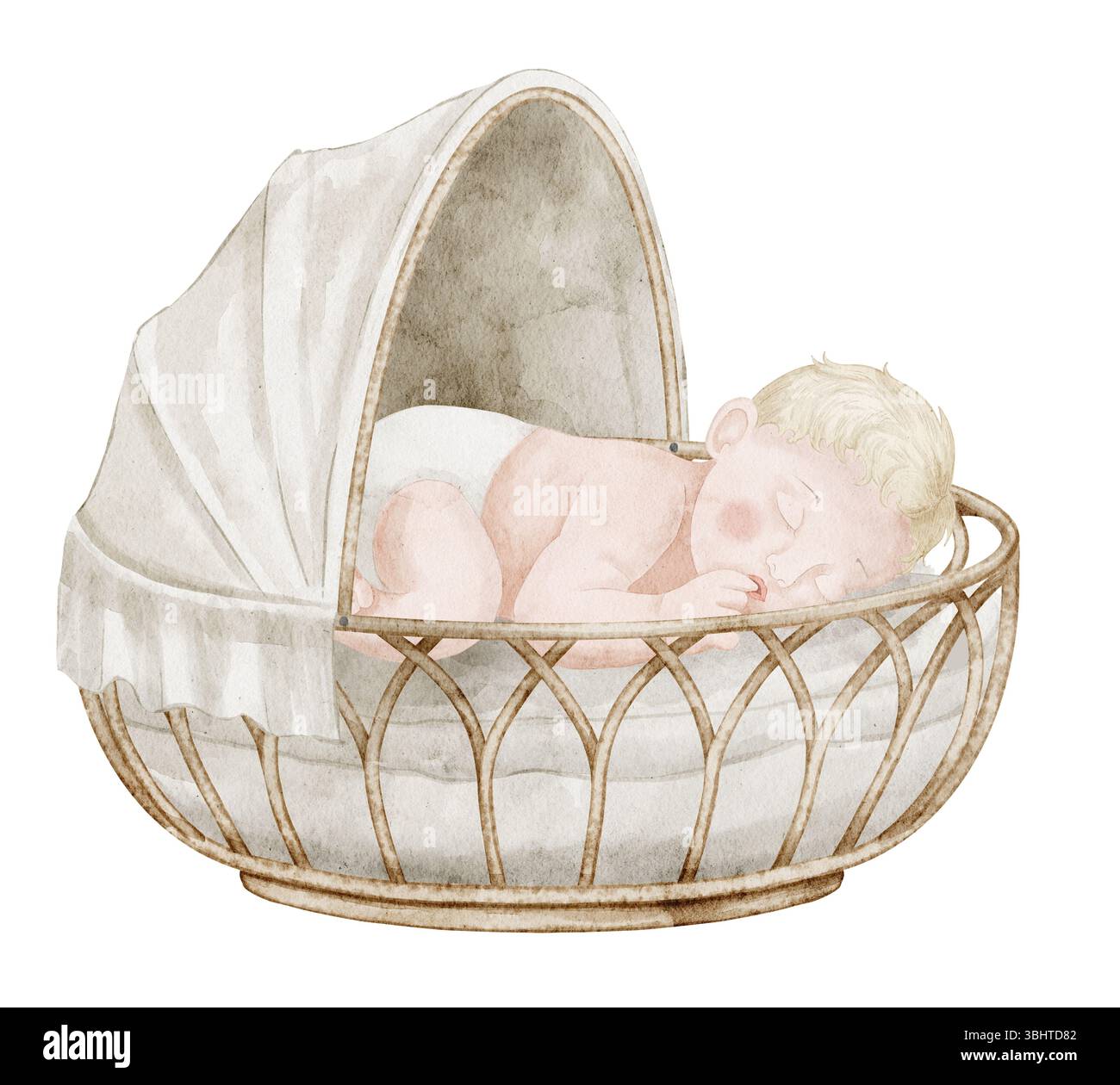 Watercolor illustration of sleeping Baby in cozy wicker Crib with ...