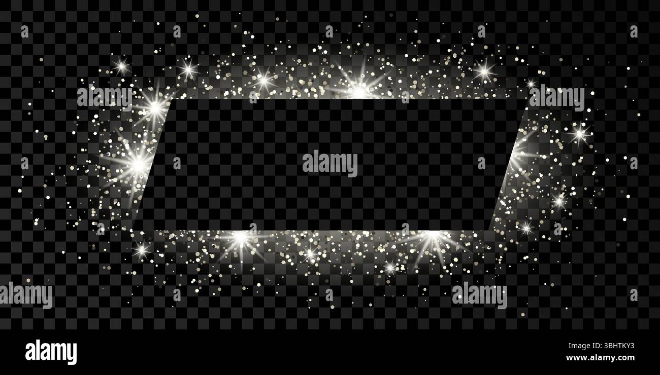 Silver rectangle frame with glitter, sparkles and flares on dark transparent background. Empty ...