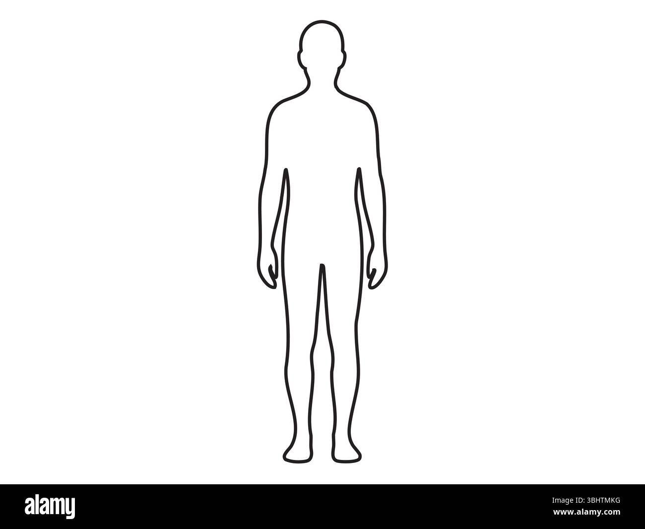 Minimal black outline icon of standing adult man front view isolated on white background ...
