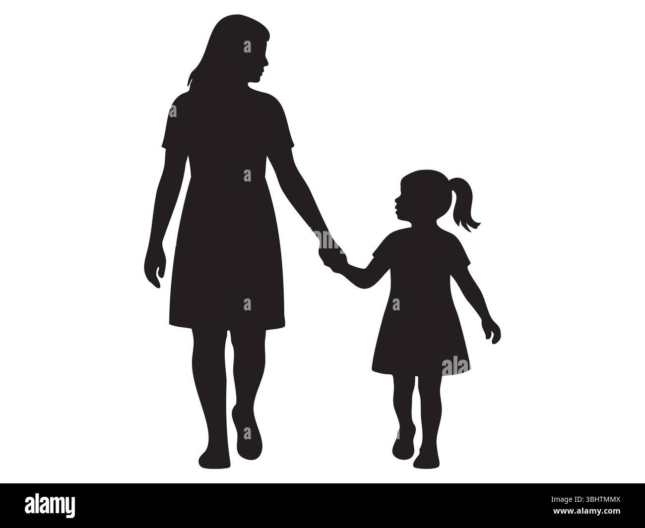 Black silhouette of woman walking holding hand of child girl, isolated ...