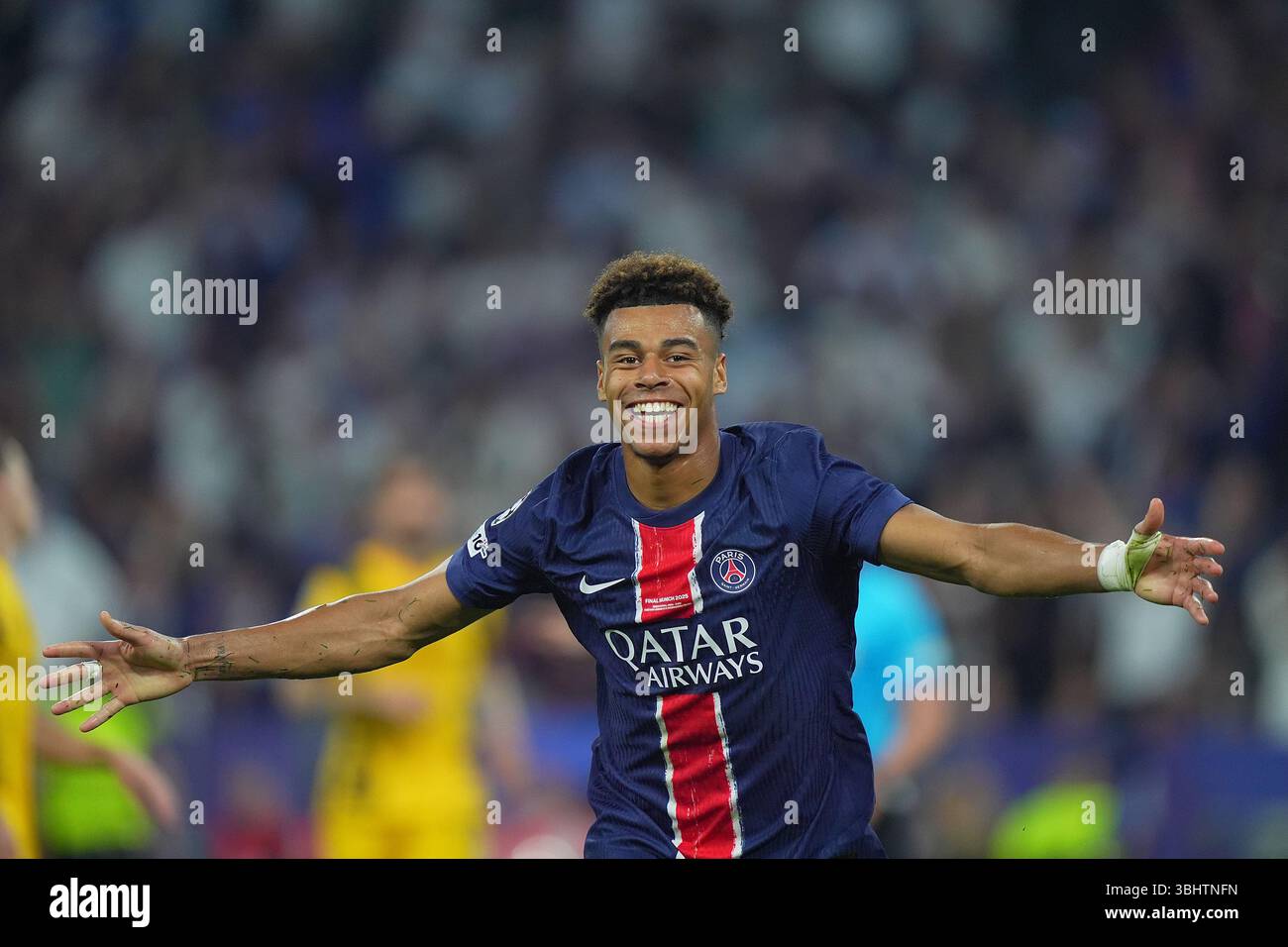 PSG's Desire Doue celebrates after scoring 0-3 during the Uefa ...