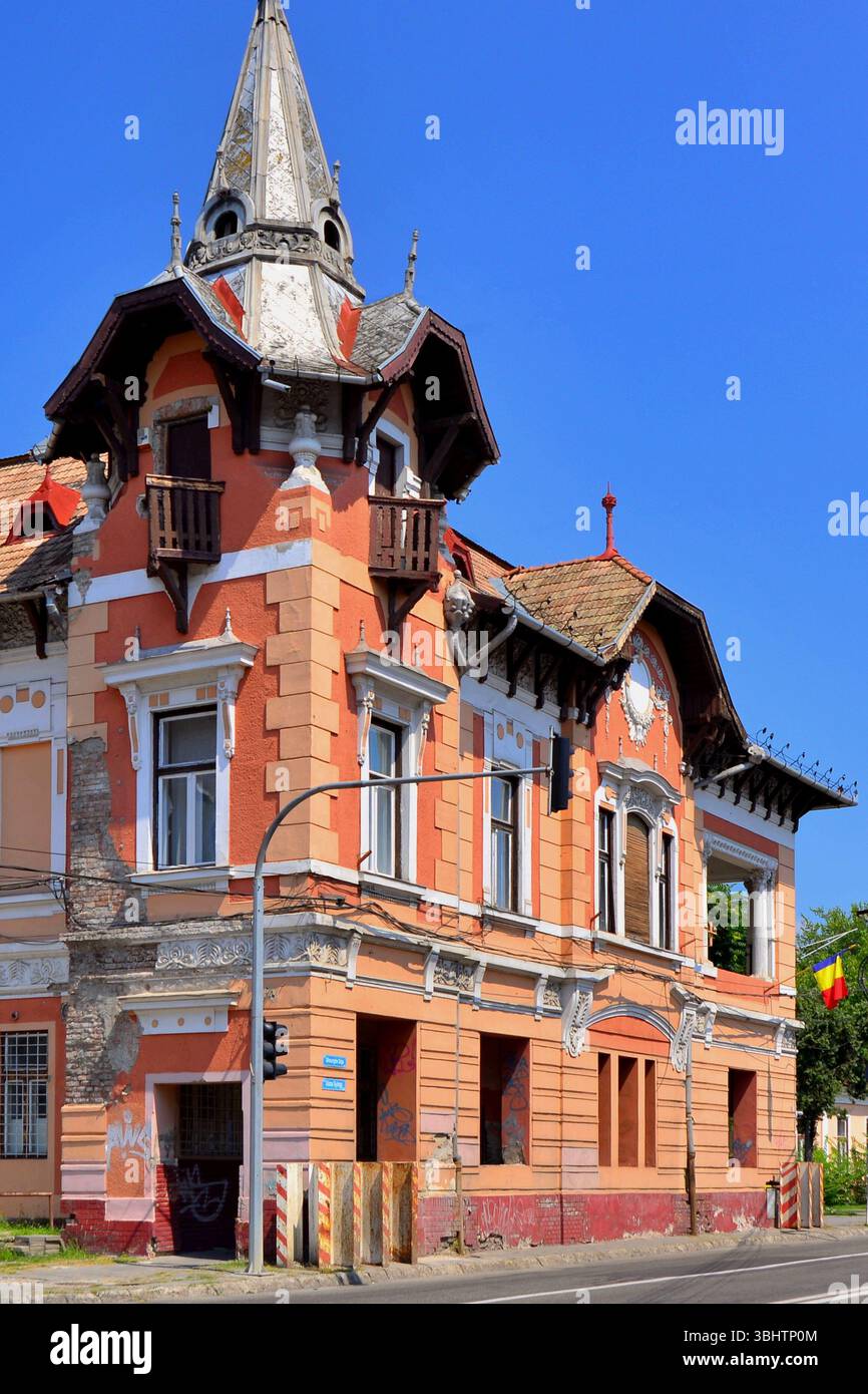 Peculiar building on Gheorgue Doja street, European route E60, in Targu ...