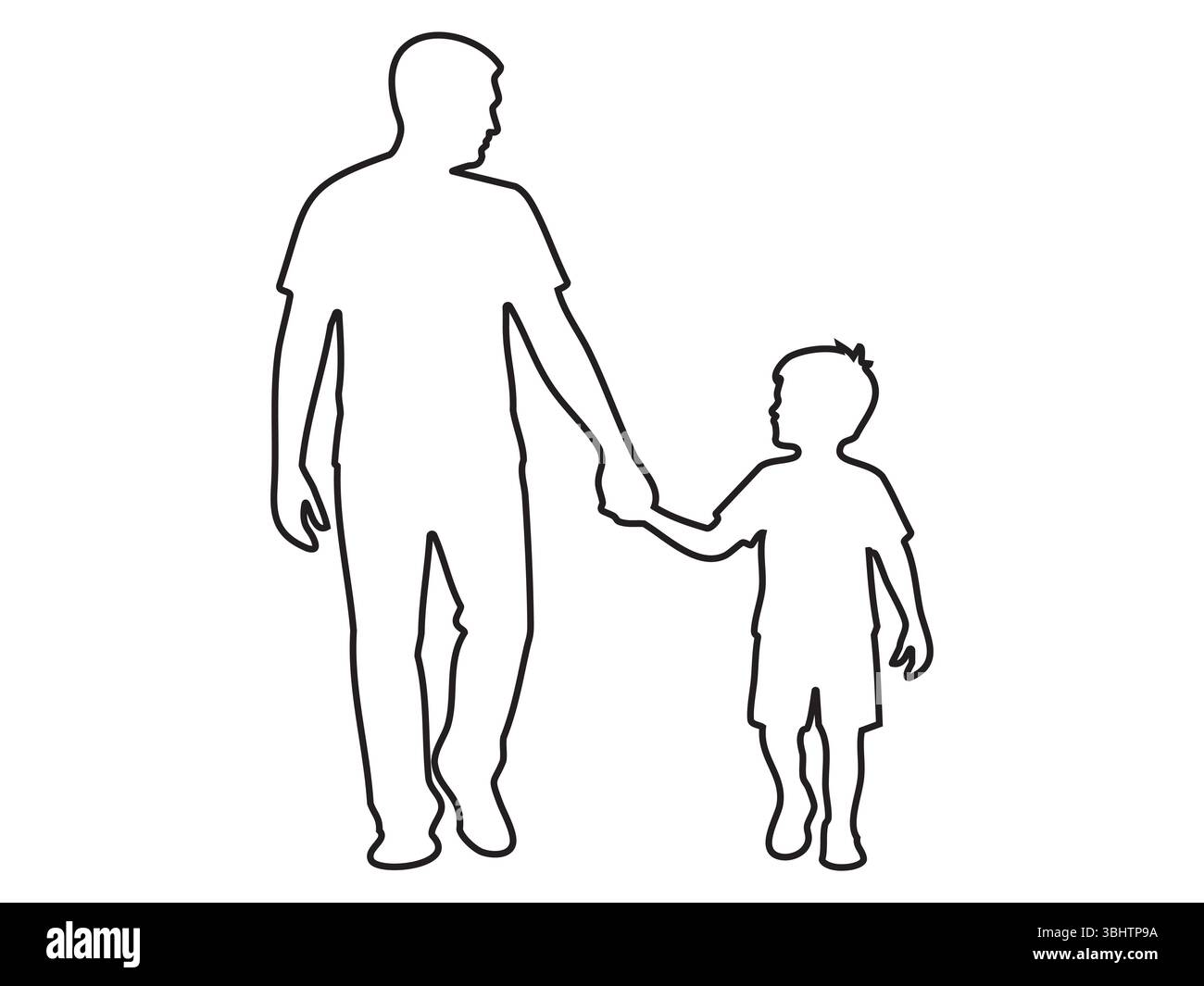 Black outline of a man walking with child boy holding hands, isolated ...