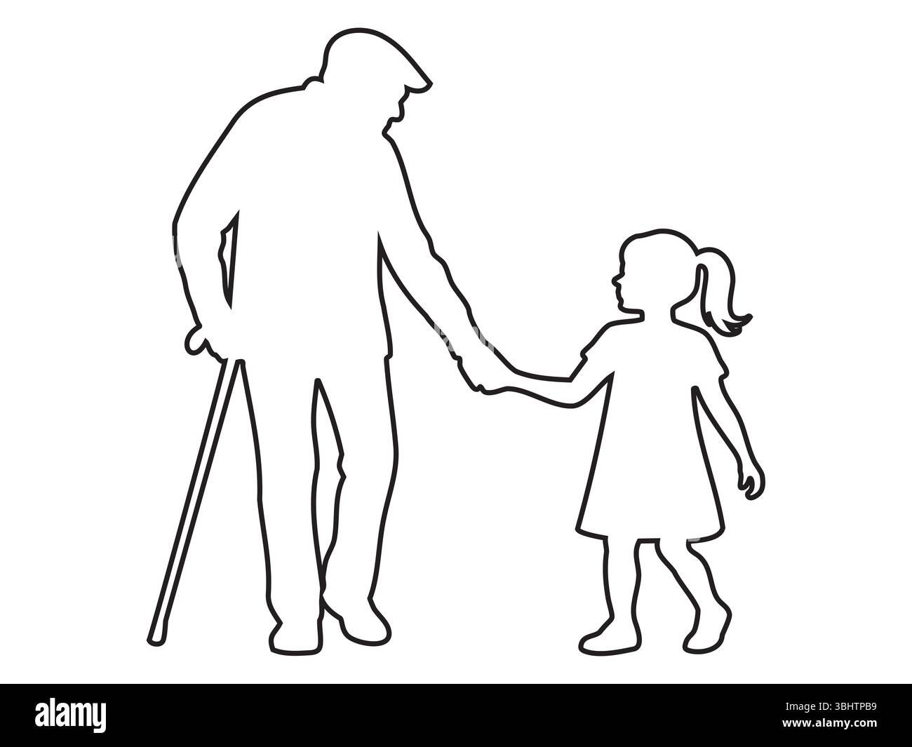Black outline of elderly man walking with child girl holding hands ...