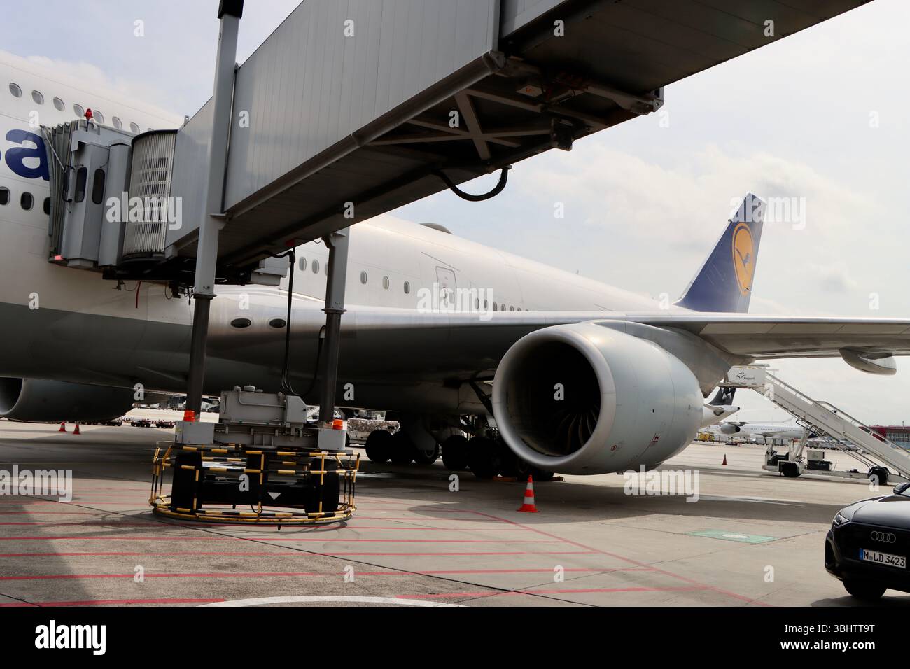Lufthansa 747 jumbo jet at gate at Frankfurt International airport May ...