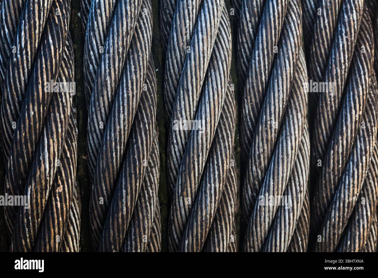 Steel twisted cable wound on a drum, next to each other, close-up Stock ...