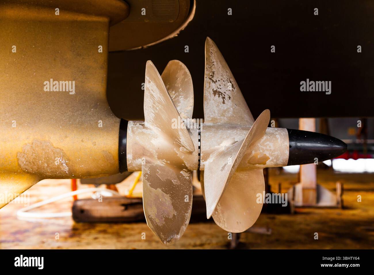 Azimuth twin-screw motor on a motor boat, bottom view. The bottom of a ...