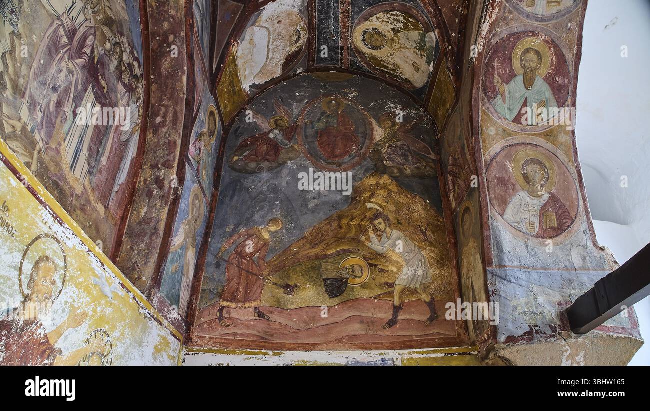 Medieval fresco with religious figures and a mountain scene, Burial of ...