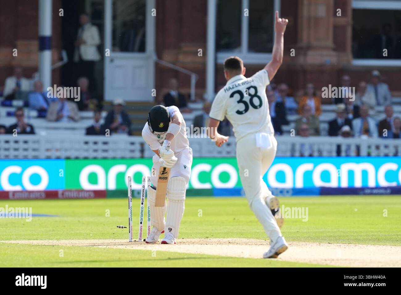 Australia's Josh Hazlewood bowls South Africa's Tristan Stubbs on day ...