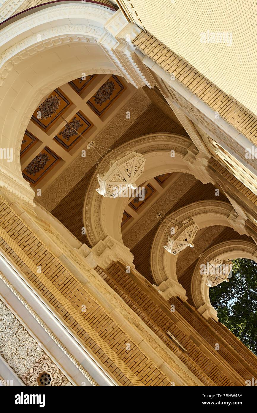 Grand portico of the Alisher Navoi Theatre with columns and arched ...