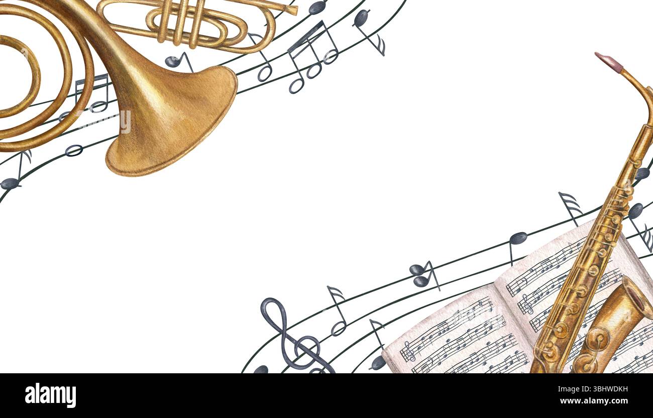 Musical frame with French horn, saxophone, sheet music book, and staff ...