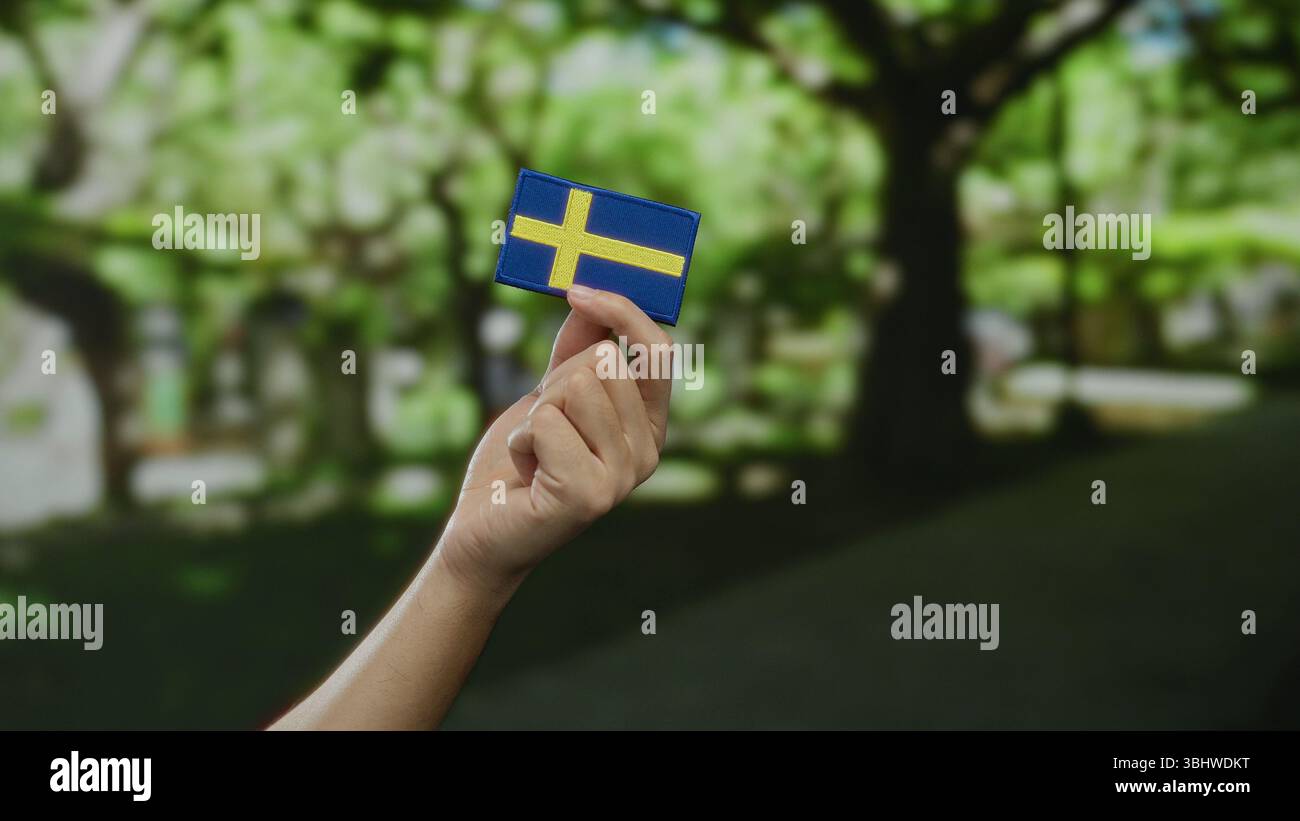 Hand holding a swedish flag patch outdoors in a park, showcasing ...